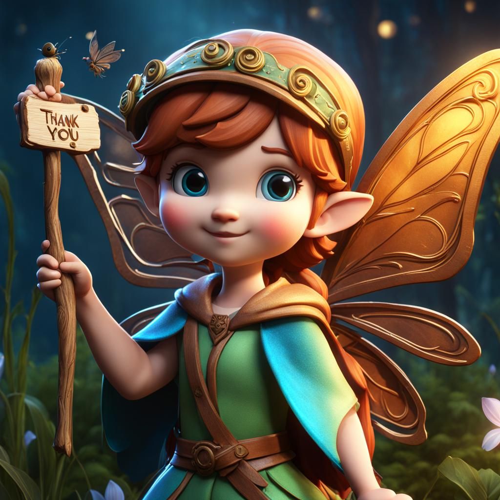 A cute fairy holding a wooden sign that displays the words: "Thank you ...