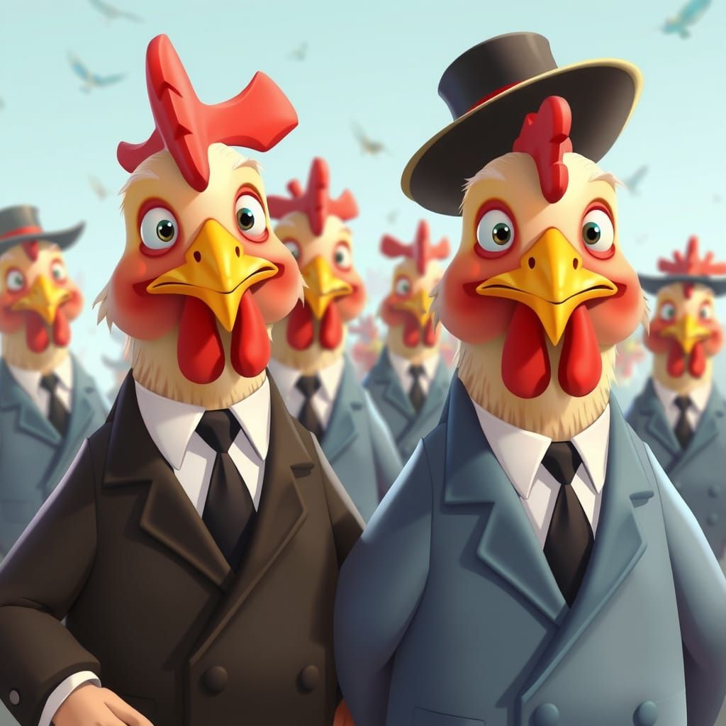 Chickens wearing human suits - Chickens in Suits: A Cartoon ...