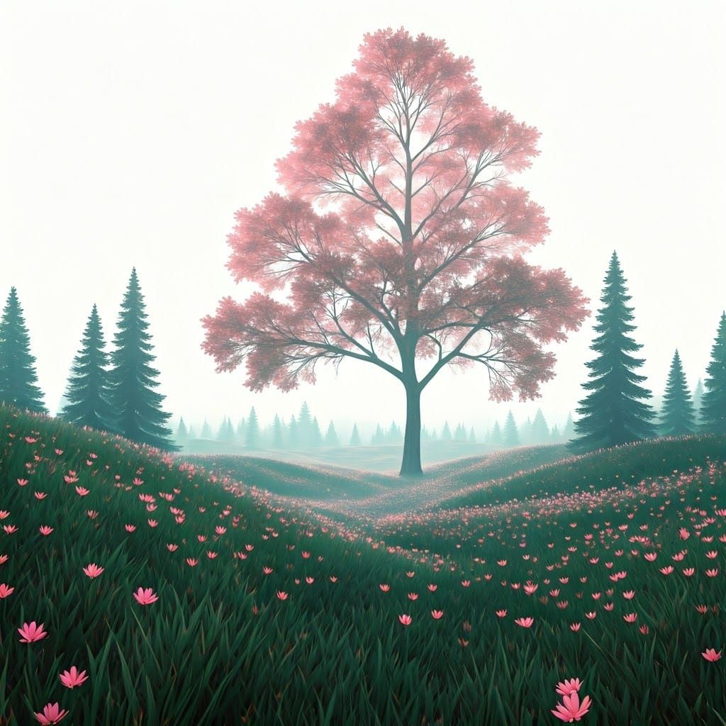 Irregular plains, with weeds growing, with mini pine trees and pink ...