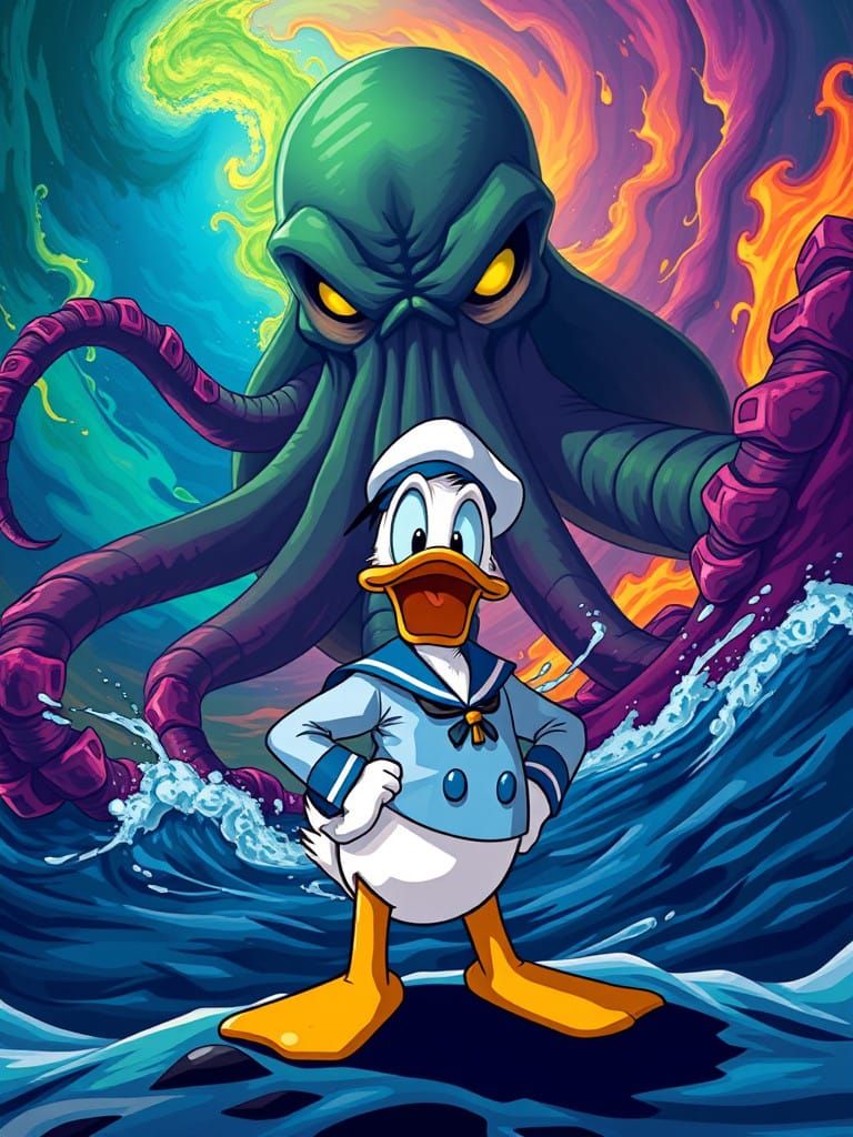 Donald Duck Defies Cthulhu in Vibrant, Anime-Inspi... - AI Art