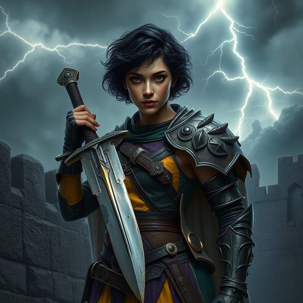 A Female Warrior in Patchwork Armor Confronts the ... - AI Art