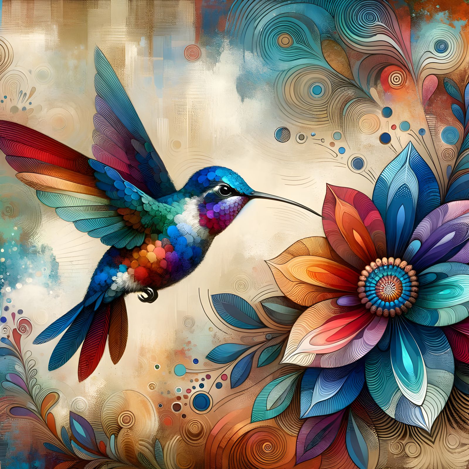 Hummingbird and Flower - Whimsical Hummingbird in Vibrant Fl...