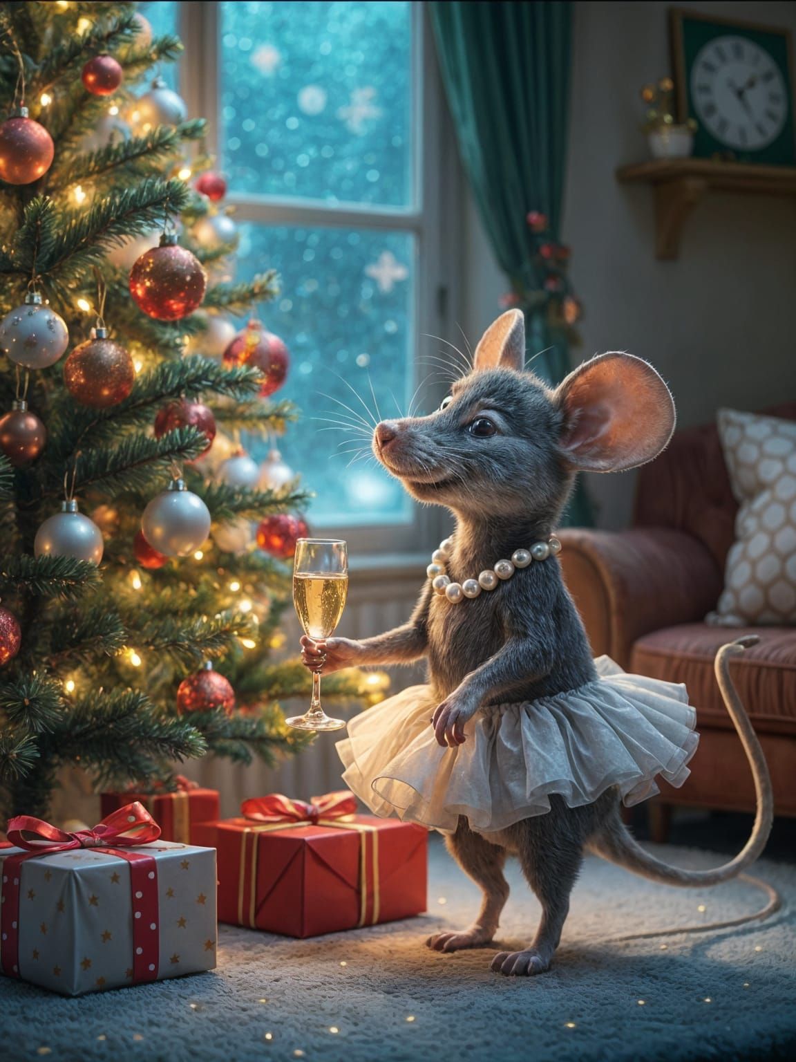 Joyful Cartoon Rat in Elegant Tutu by Christmas Tr... - AI Art