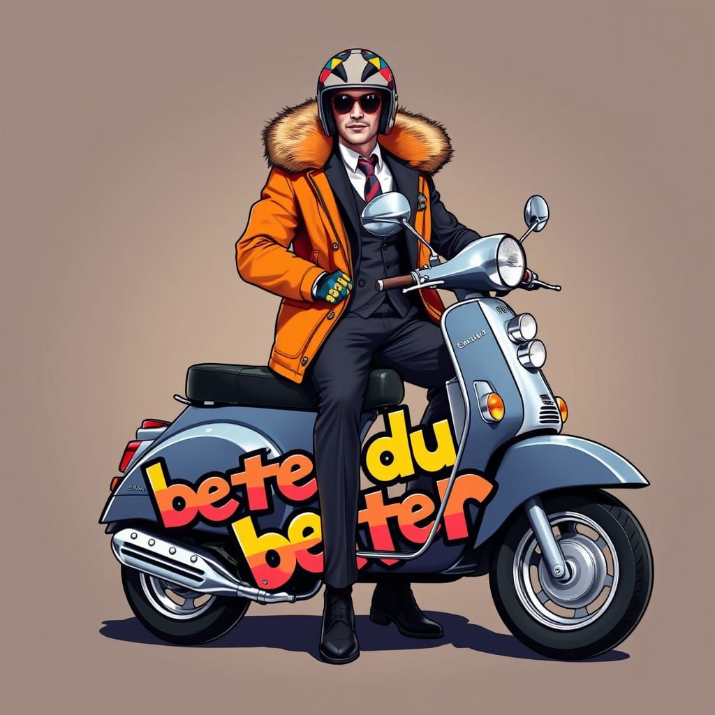 Mod wearing a parka on a mod scooter wrapped in "better dub better" artwork