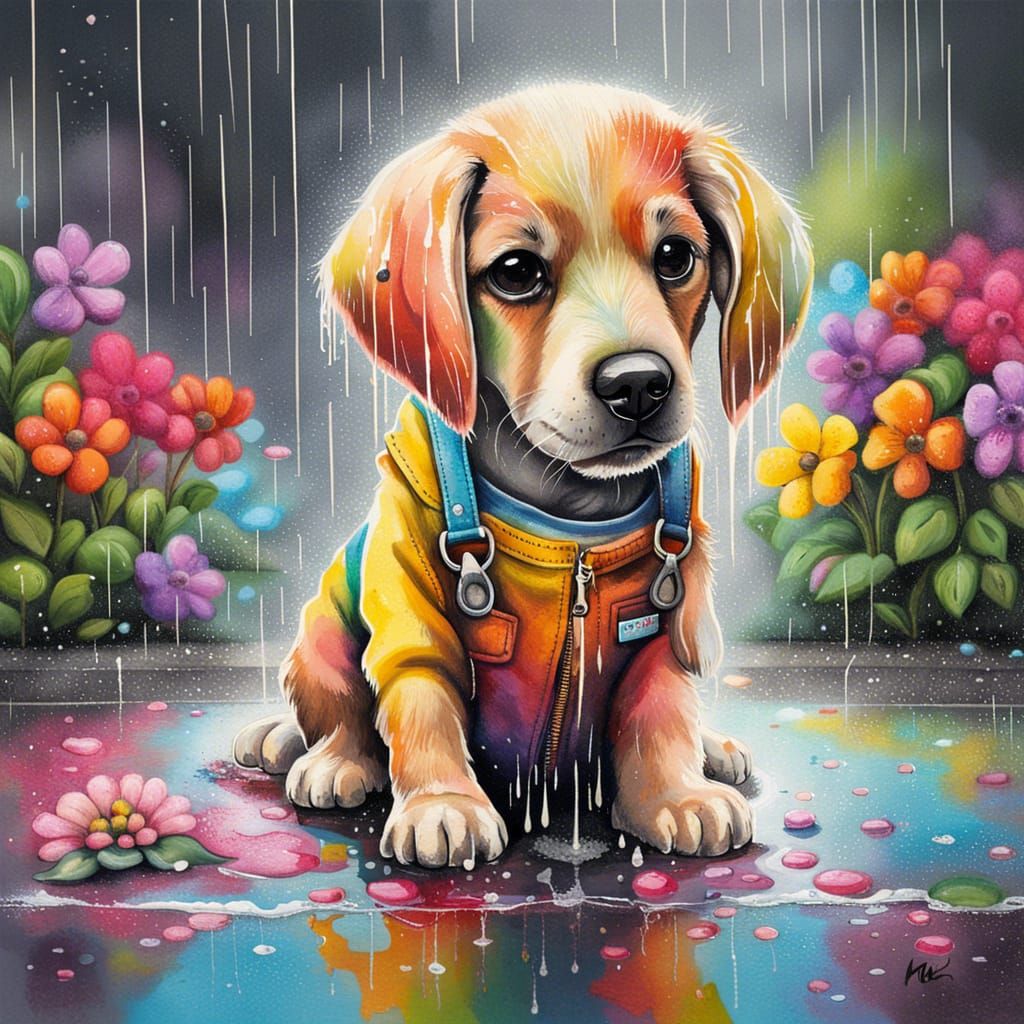 Puppy, overalls, fail, mistake, funny, flowers, rain, rainbow graffiti ...