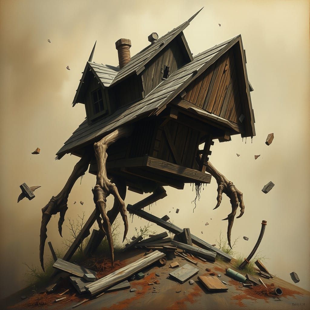 surreal creature resembling a house with jagged wooden planks, pitched ...