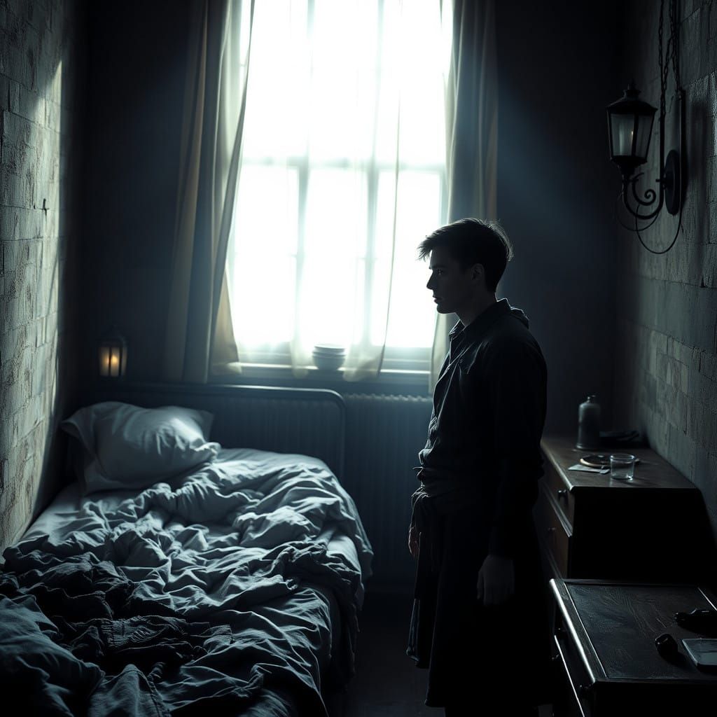 This image depicts a dimly lit room with a sense of foreboding and ...