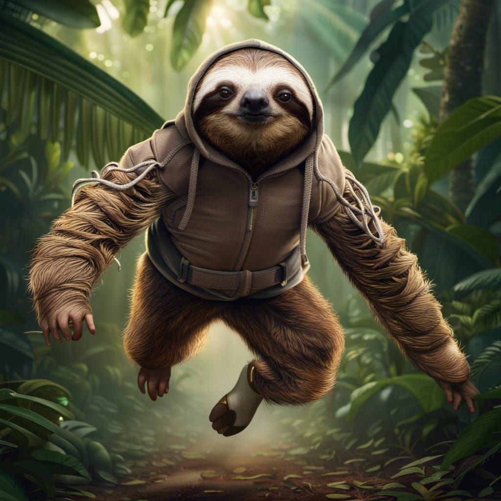 A sloth wearing sneakers is running in the jungle, hyperrealistic ...