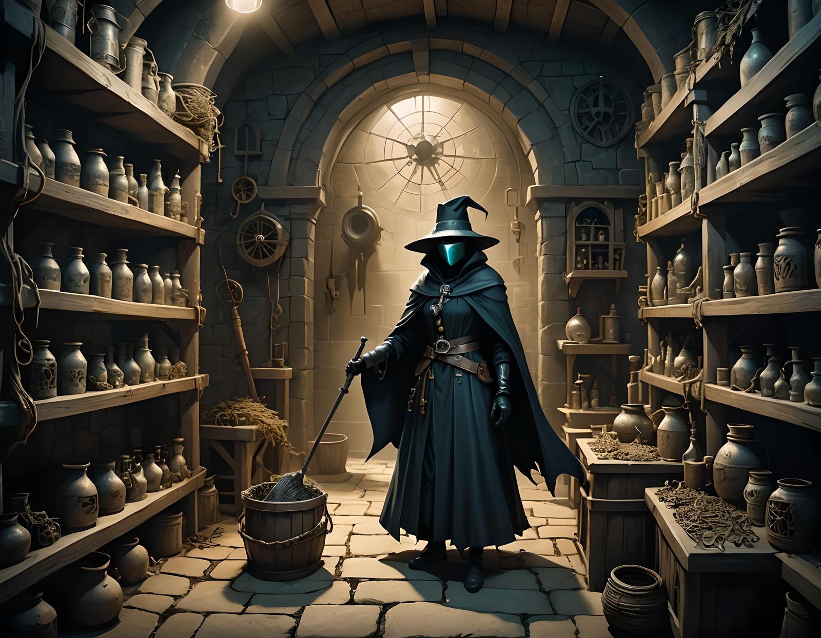Plague doctor woman in underground medieval laboratory - AI Generated ...