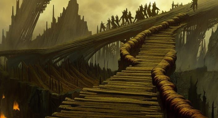 "Skeleton army", climbing wooden bridge, decrepit, wide angle,Death ...