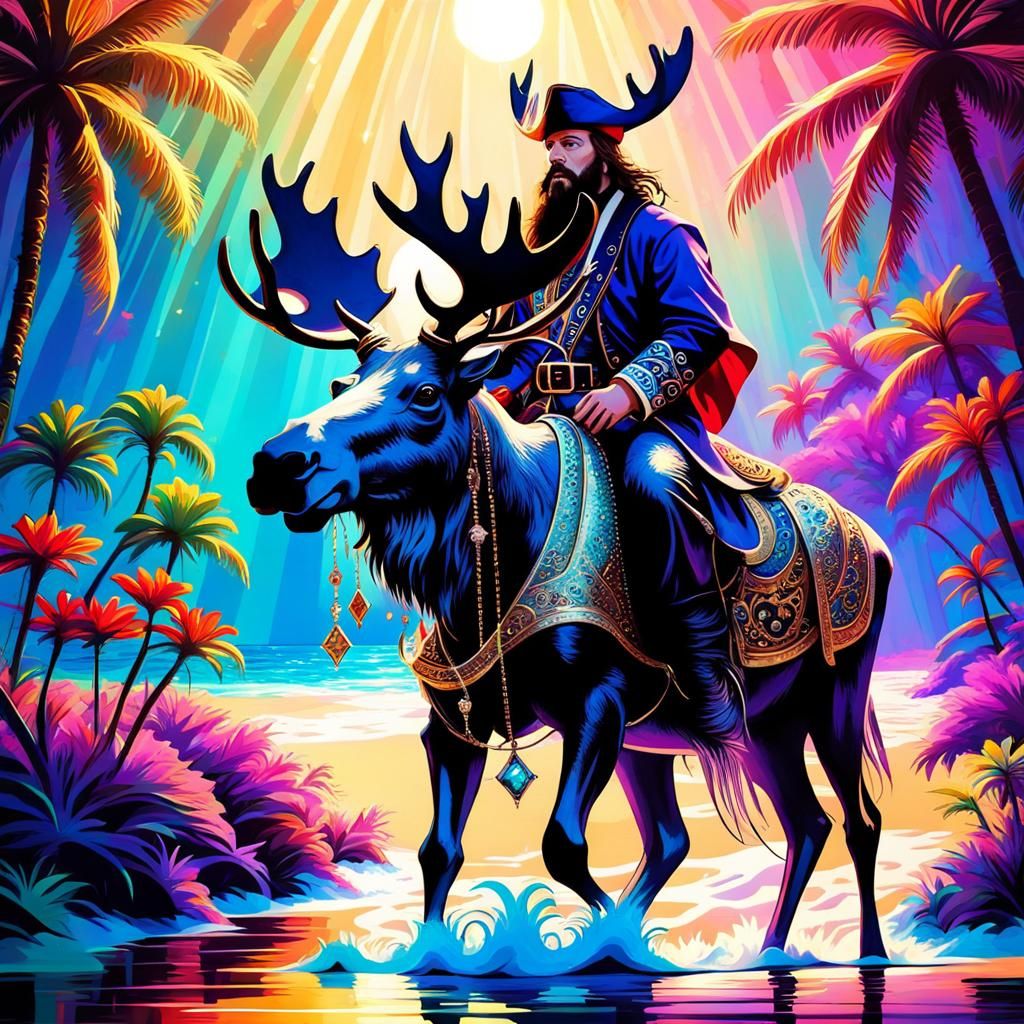 Pirate riding a moose on a beach - AI Generated Artwork - NightCafe Creator
