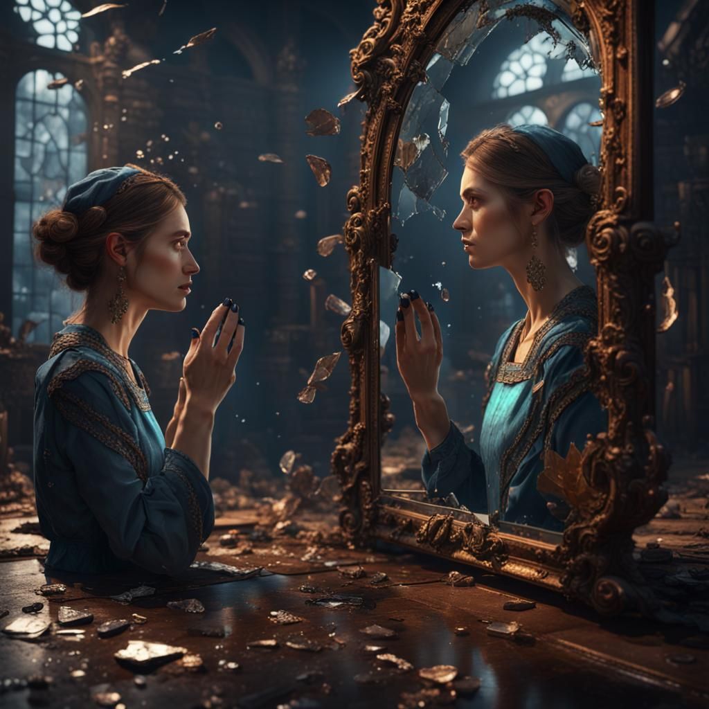 A woman looking at her reflection in a broken mirror - AI Generated ...