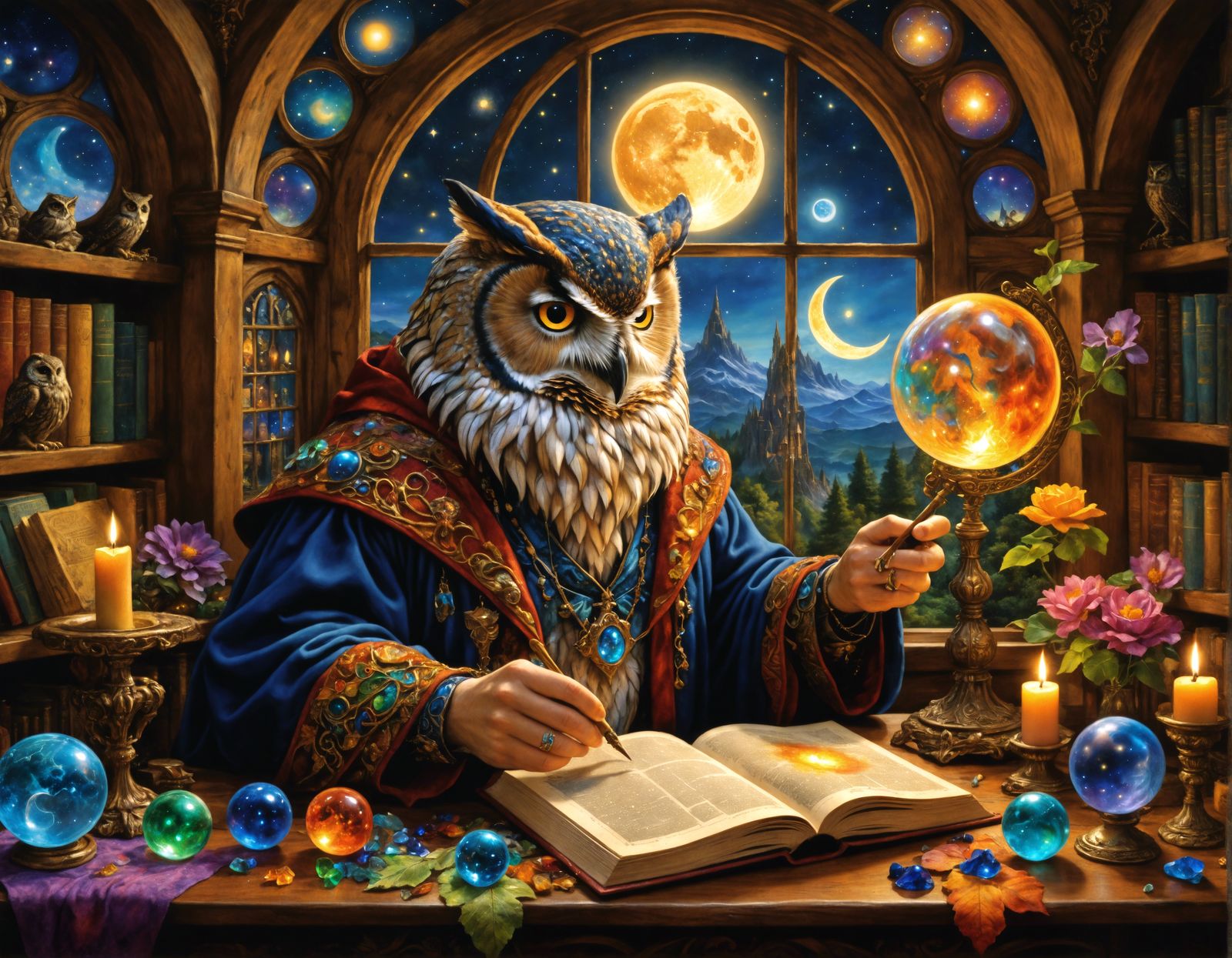 Owl Wizard Reading A Spell Book On Wizards Desk In A Sorcerers Study ...