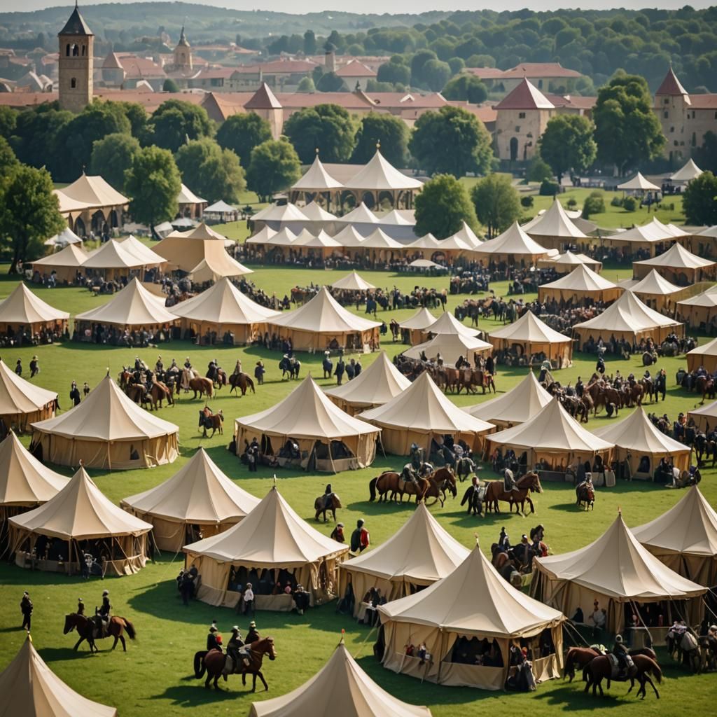 field of Renaissance tent pavilions, soldiers and horses Professional ...