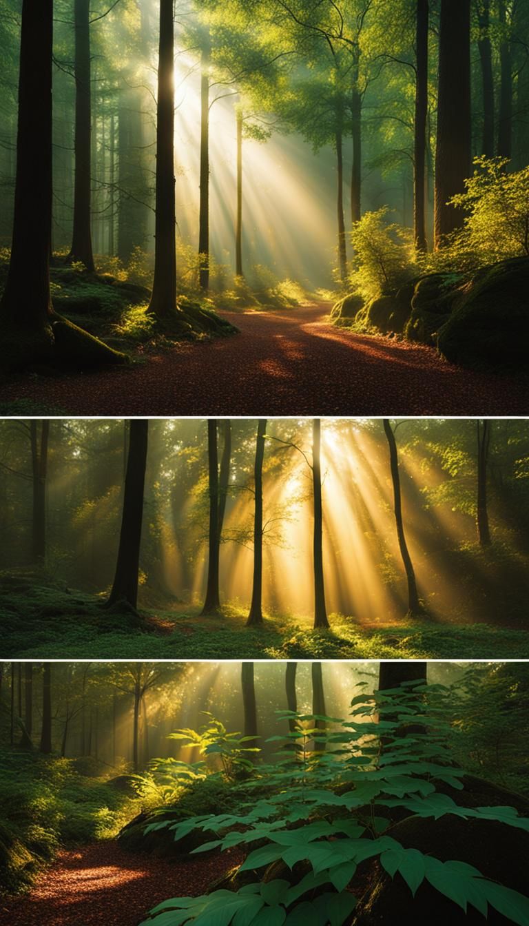 "Create a cinematic scene set in a natural forest, bathed in dramatic ...
