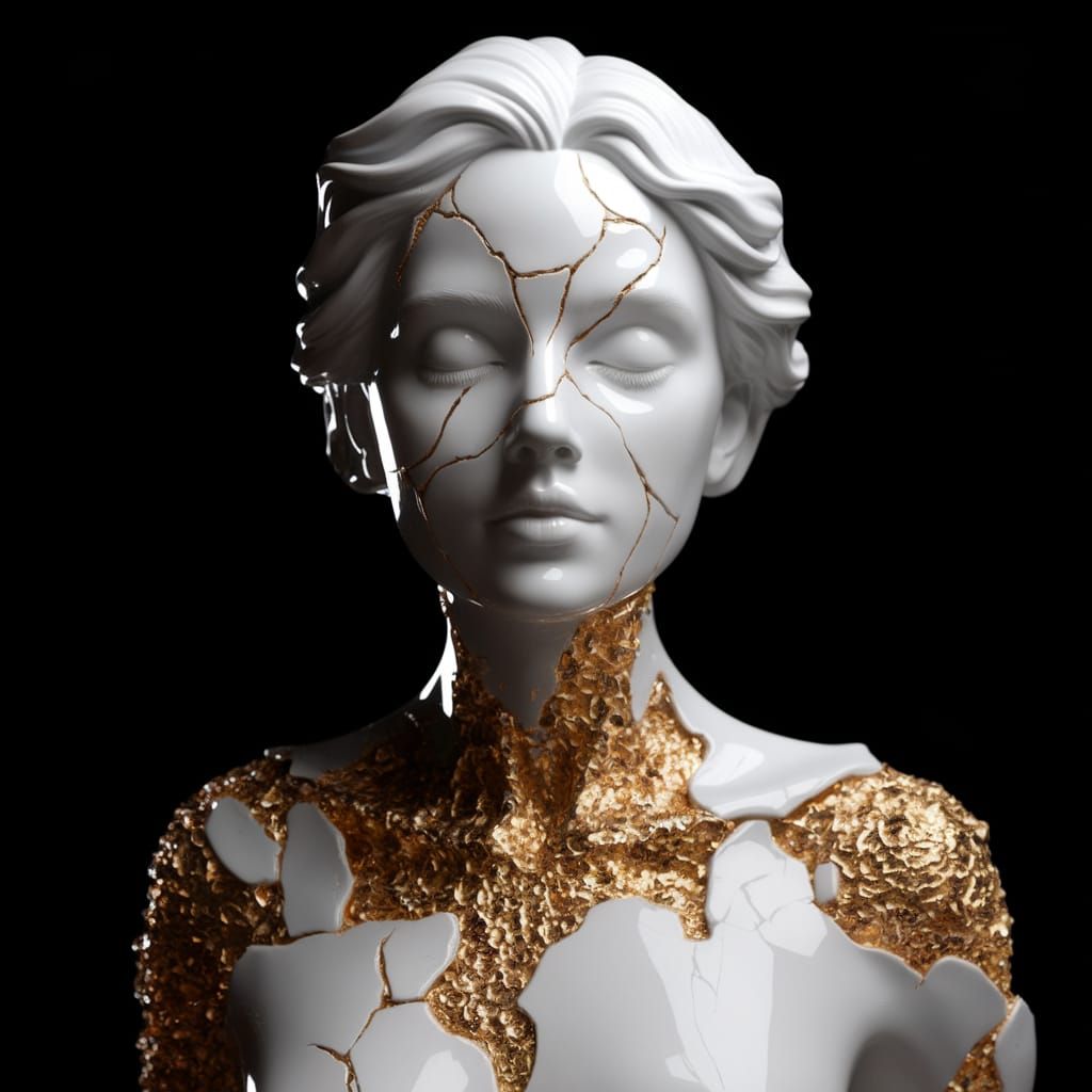 Surreal sculpture of a cracked porcelain female figure with gold ...