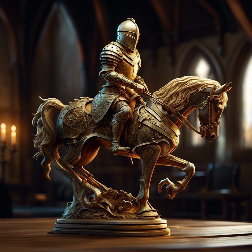 medieval, golden trophy of a knight riding a horse, on a wooden table ...