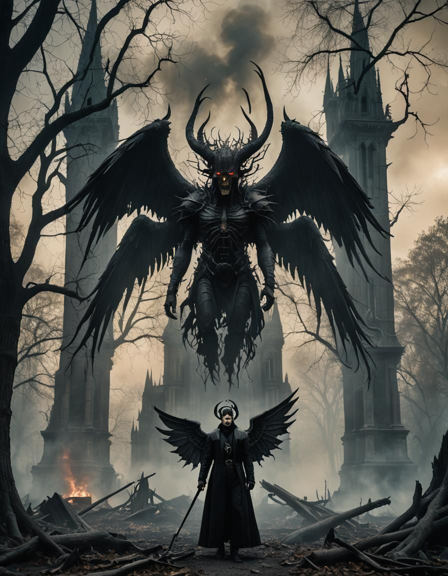 Gothic fantasy fallen dark angel with demon horns in front of a spooky ...