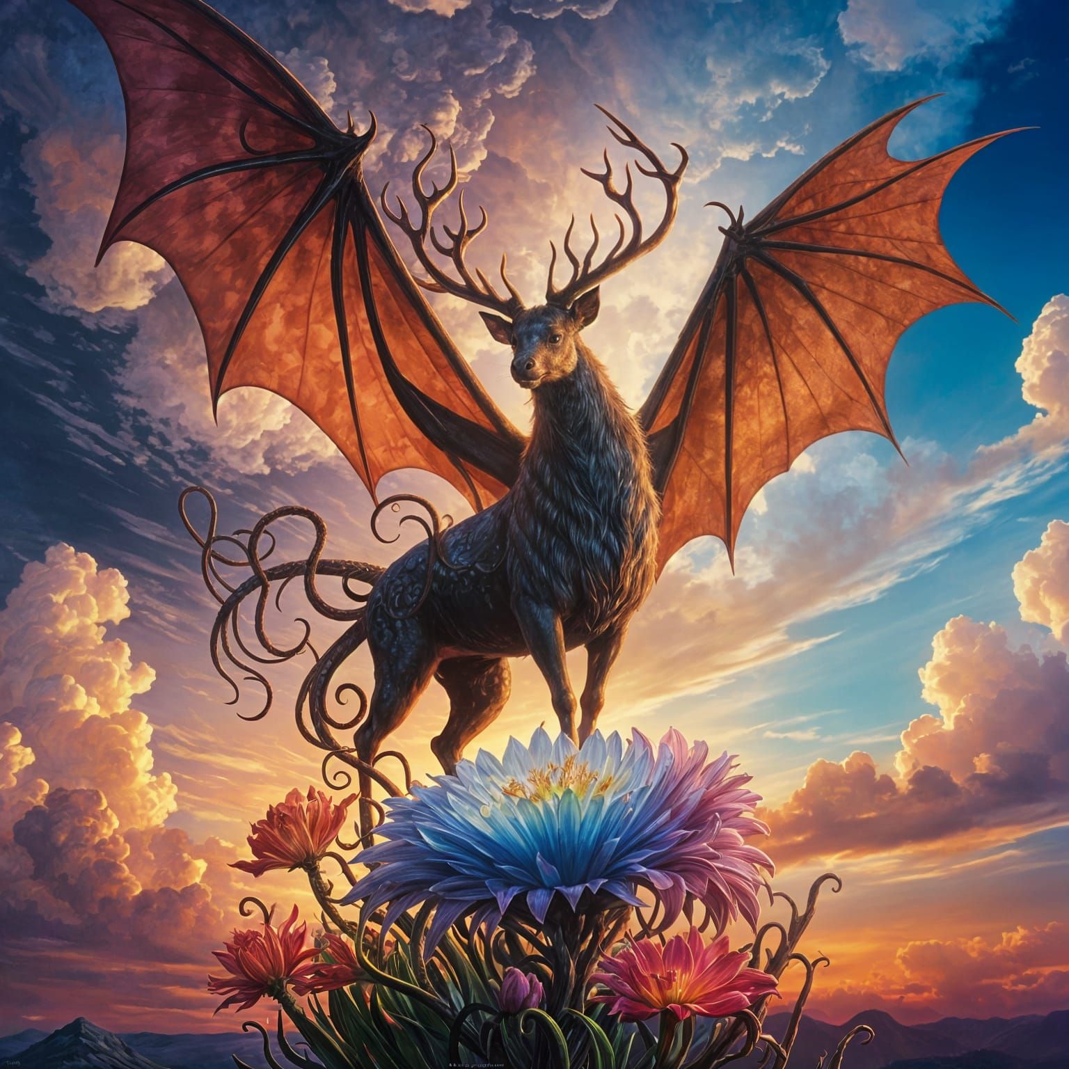 Surreal flying deer - Ethereal Flying Stag in Vibrant Sunset...