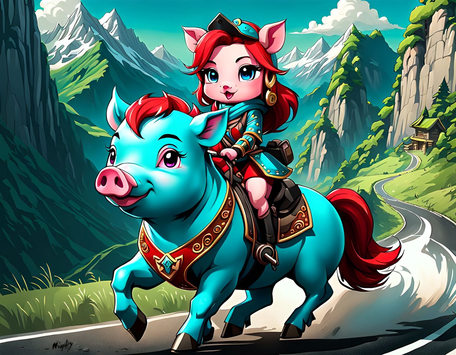 Cute highly detailed chibi art female pig character riding - AI ...