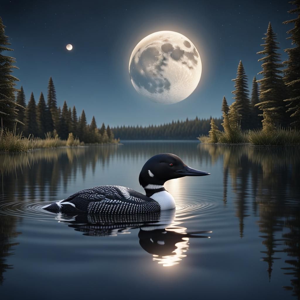 8k realistic, a beautiful loon with the moon directly behind it ...