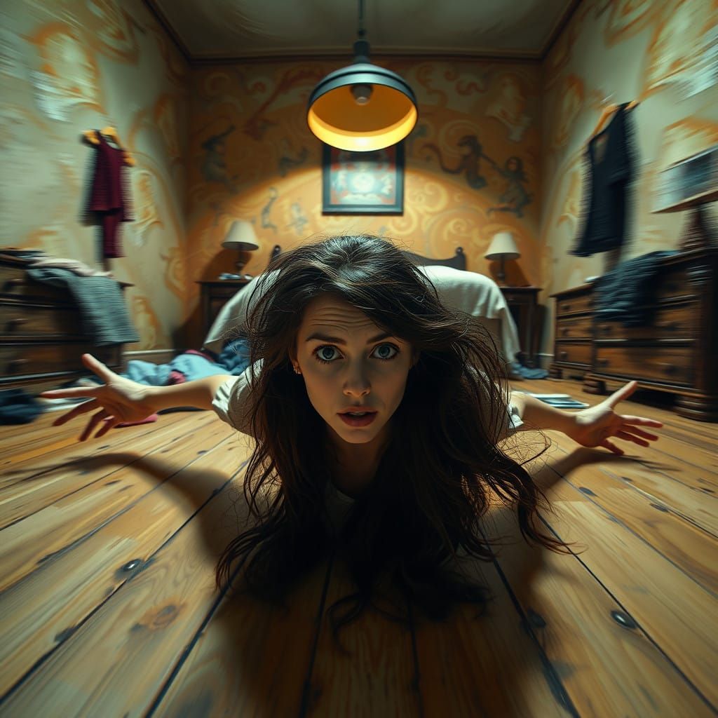 Woman Overwhelmed by Dizziness in a Distorted Room - AI Art
