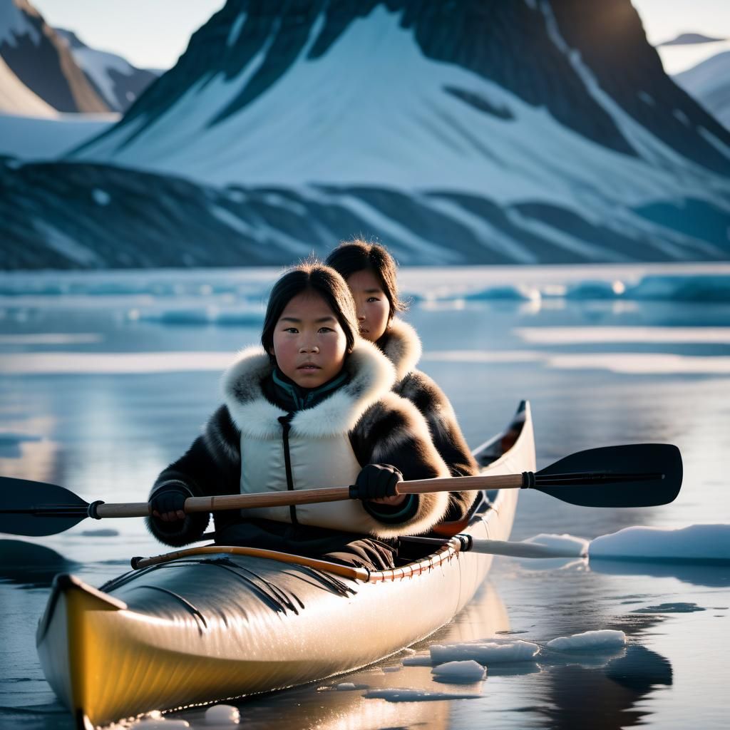 Front view closeup of Inuit children, boy and girl, in sealskin kayak ...