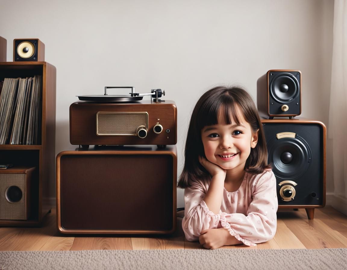 smiling little girl child listening to records on a retro record player ...