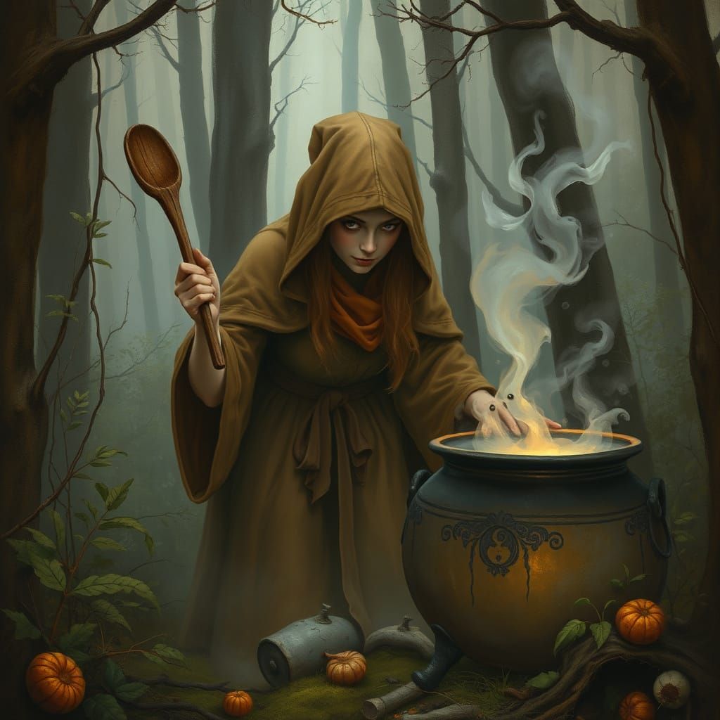Mystical Forest Forager in Whimsical Woodland - AI Art