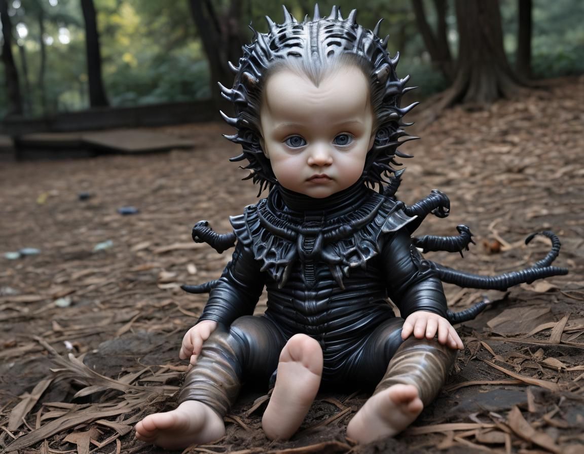 Baby xenomorph in a 1930s frilly baby romper, holding a rattle, in the ...