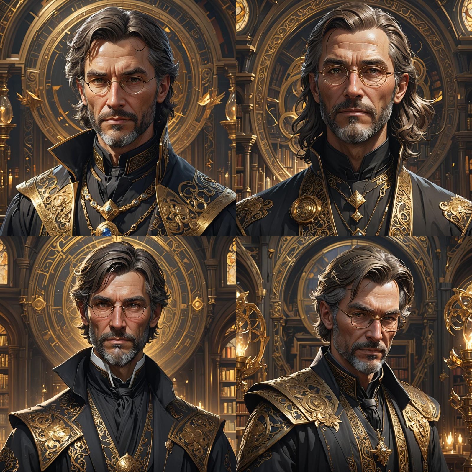 Norwegian male librarian wearing black and gold mage professor attire ...