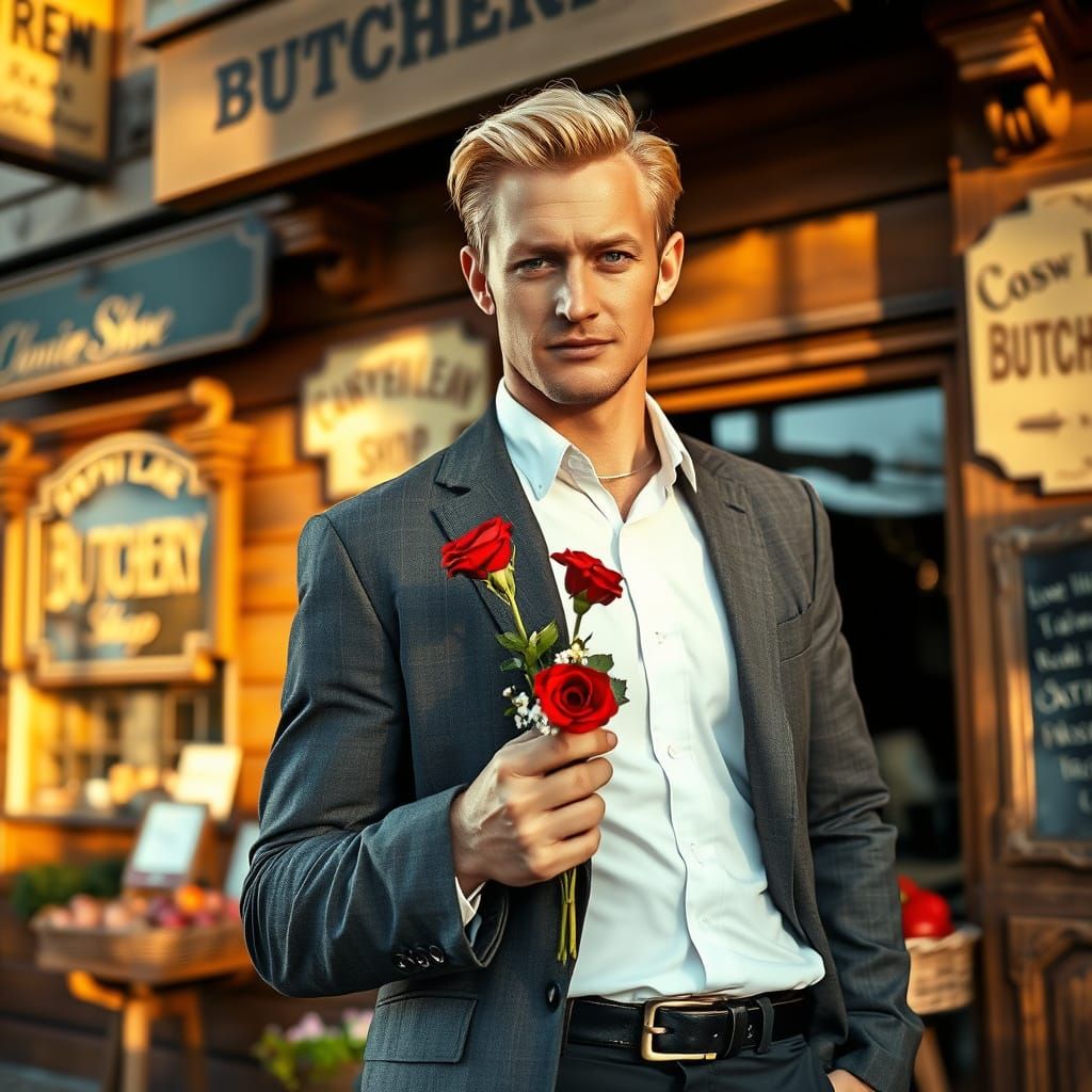 Dashing Gentleman Outside Vintage Butchery Shop in... - AI Art