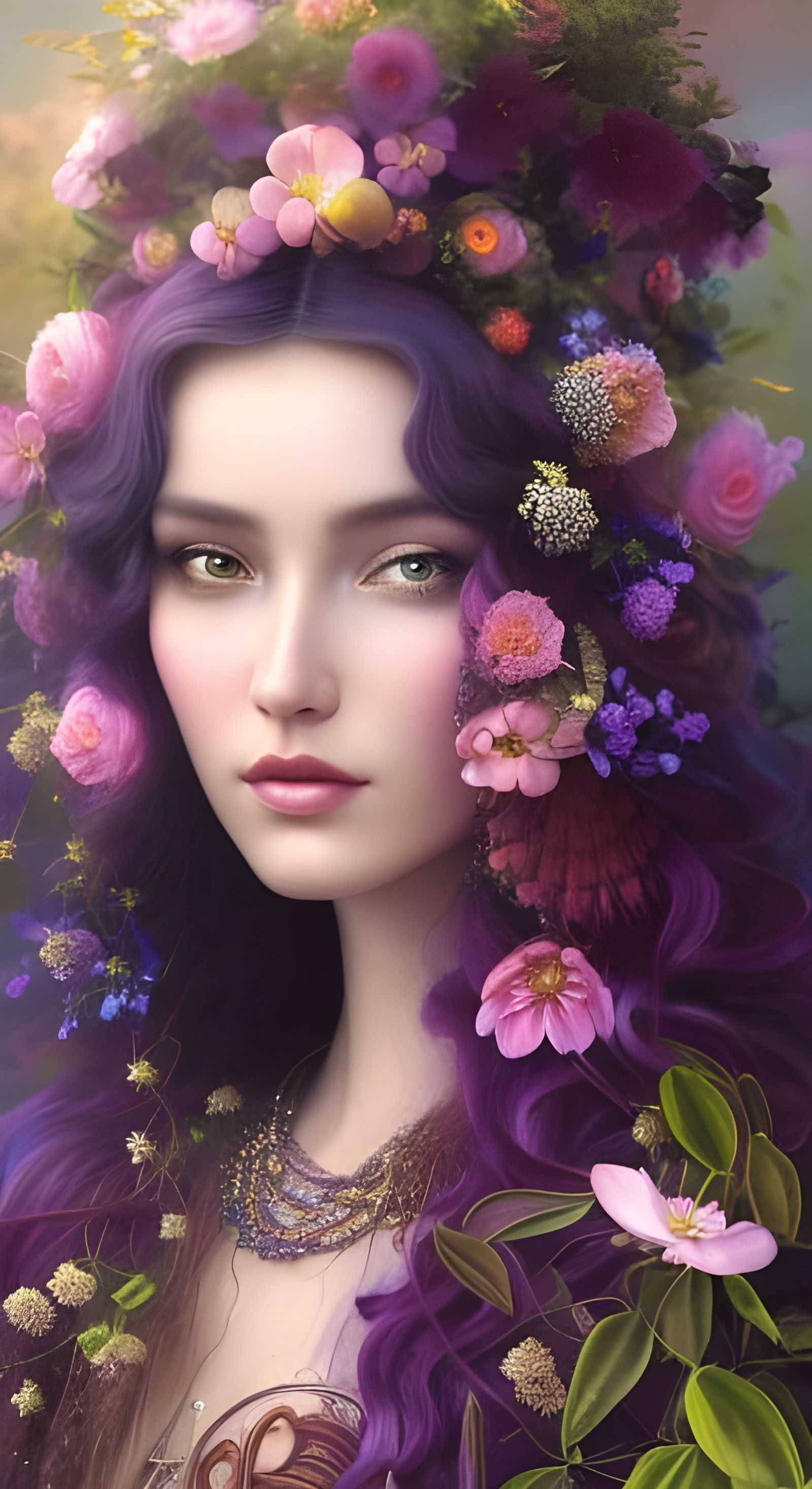 Portrait Of a Hippie queen surrounded by Plants And Flowers art by Ross ...