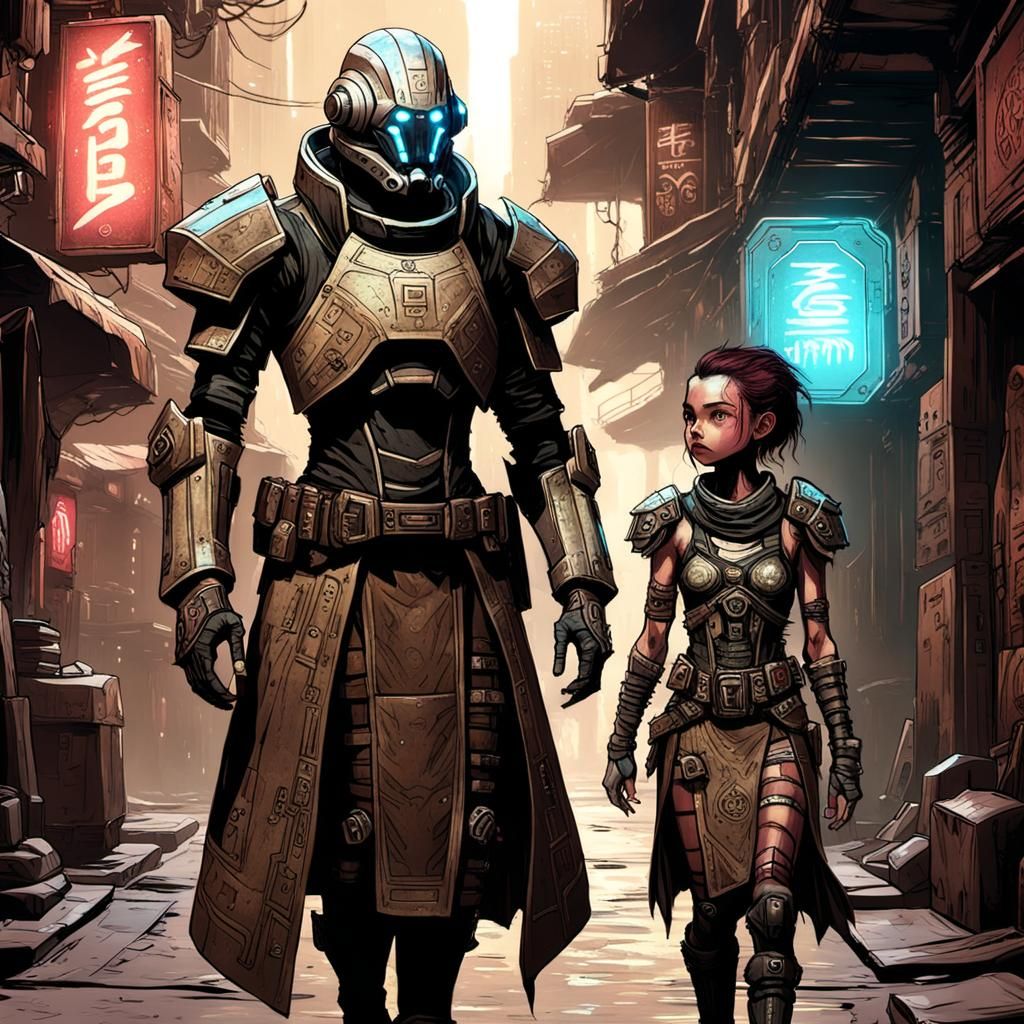 fremen "mass effect" jedi punk armoured soldier, walks next to little ...
