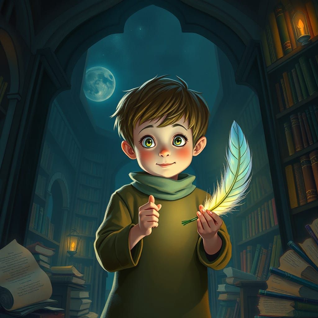 Book magic feathers little boy - Whimsical Boy Conjures Anci...