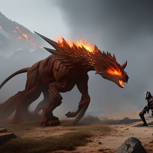 a humanoid beast near a bond fire suffering, a masterpiece, 8k ...