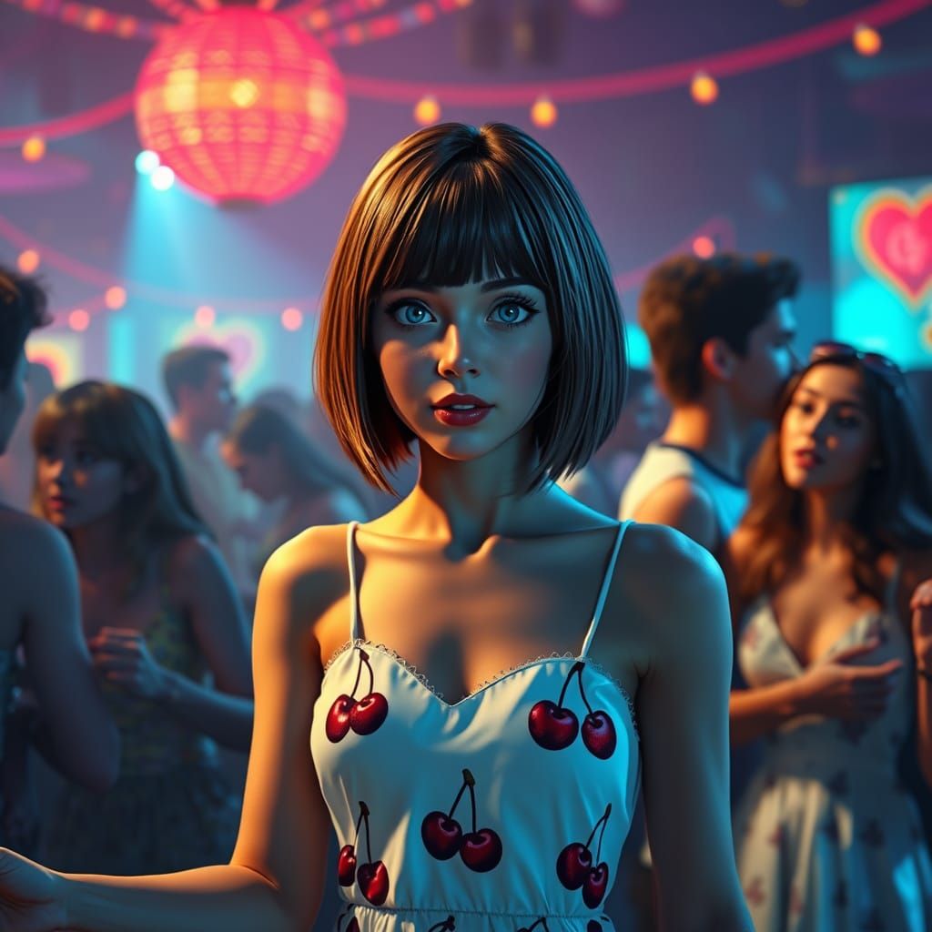 Youthful Disco Revelry in Vibrant Cherry Patterns - AI Art