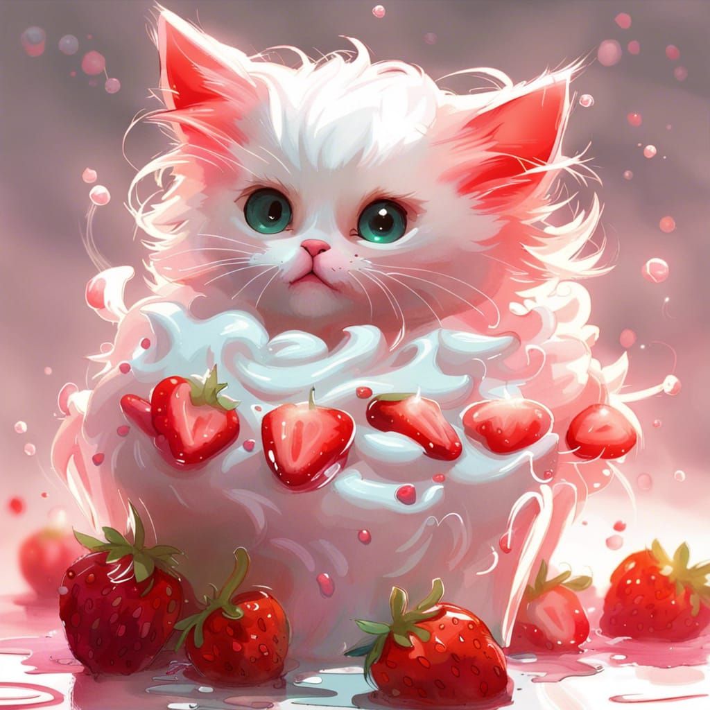 adorable cute baby chibi fluffy furry kitten as a strawberry on ...