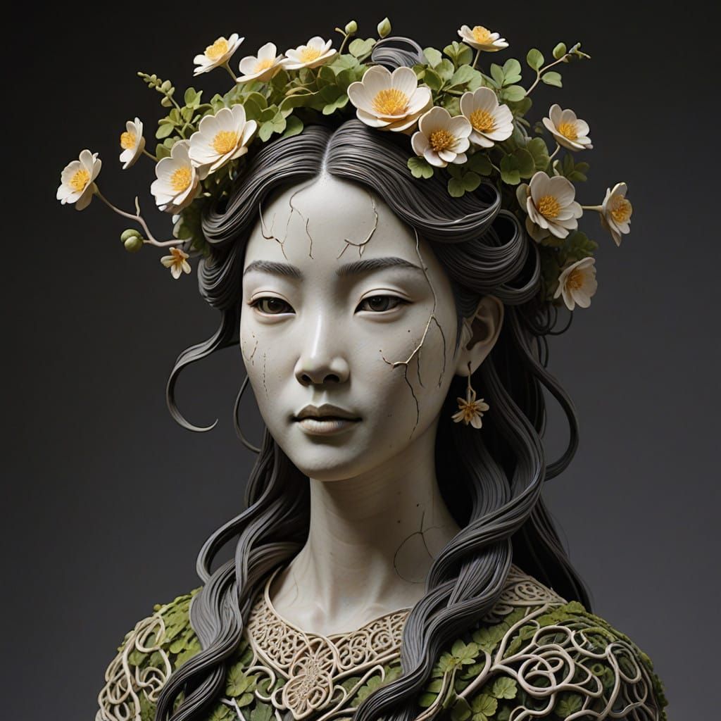 A surreal clay sculpture that reimagines a woman's hair into elements ...
