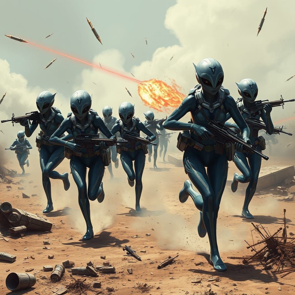Synchronized Bayonet Charge of Female Alien Warrio... - AI Art