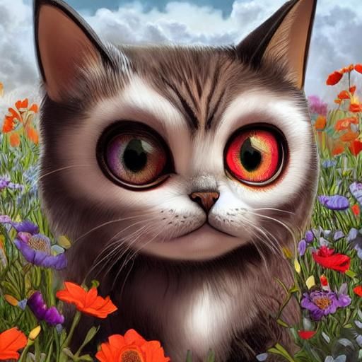 Close up of a cute monster cat with a tilted head in a field of flowers ...
