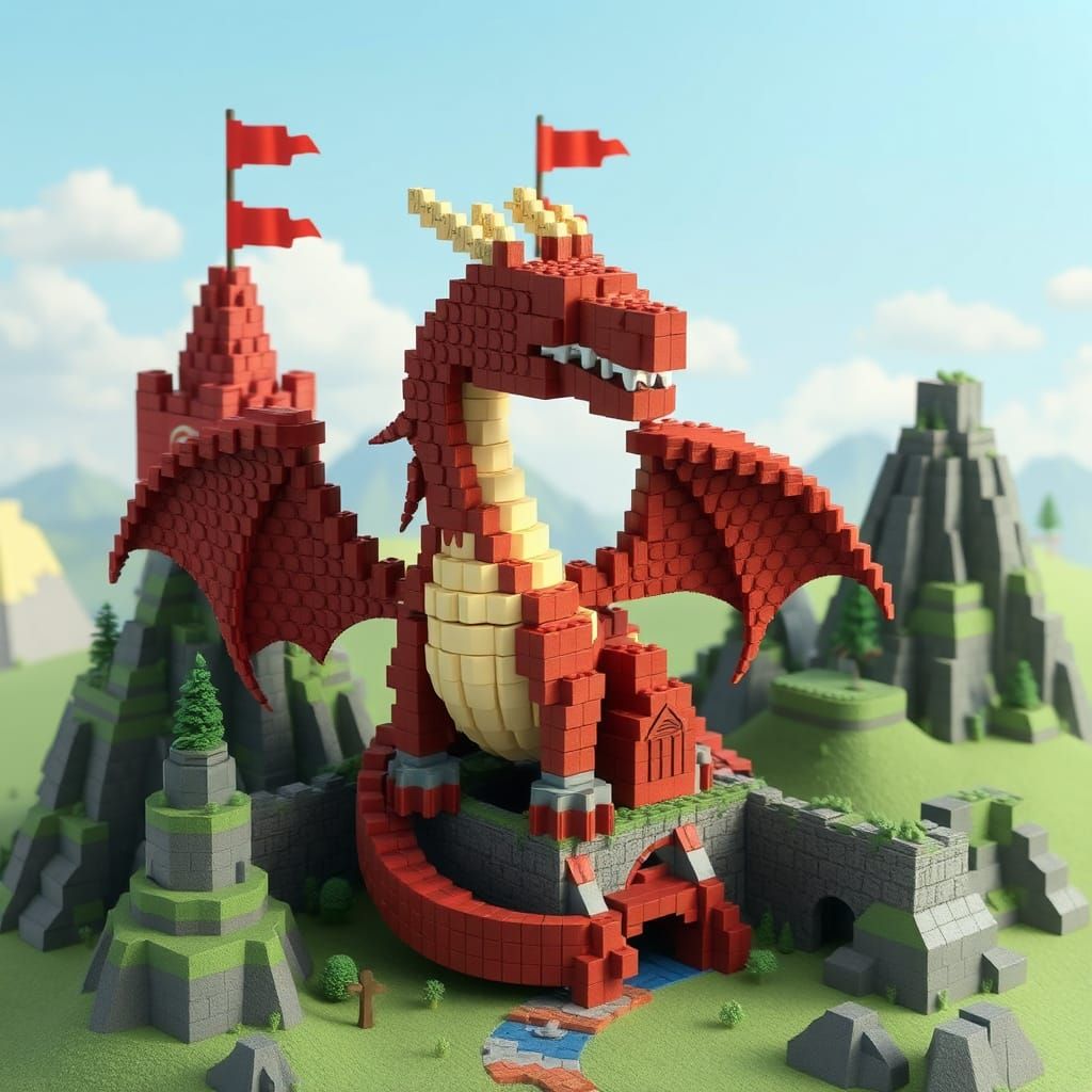 Surreal Cubist Dragon Defends Castle in Blocky Lan... - AI Art