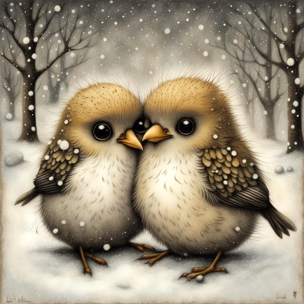 Cute Birds Huddle Together in Winter Snow Scene - AI Art