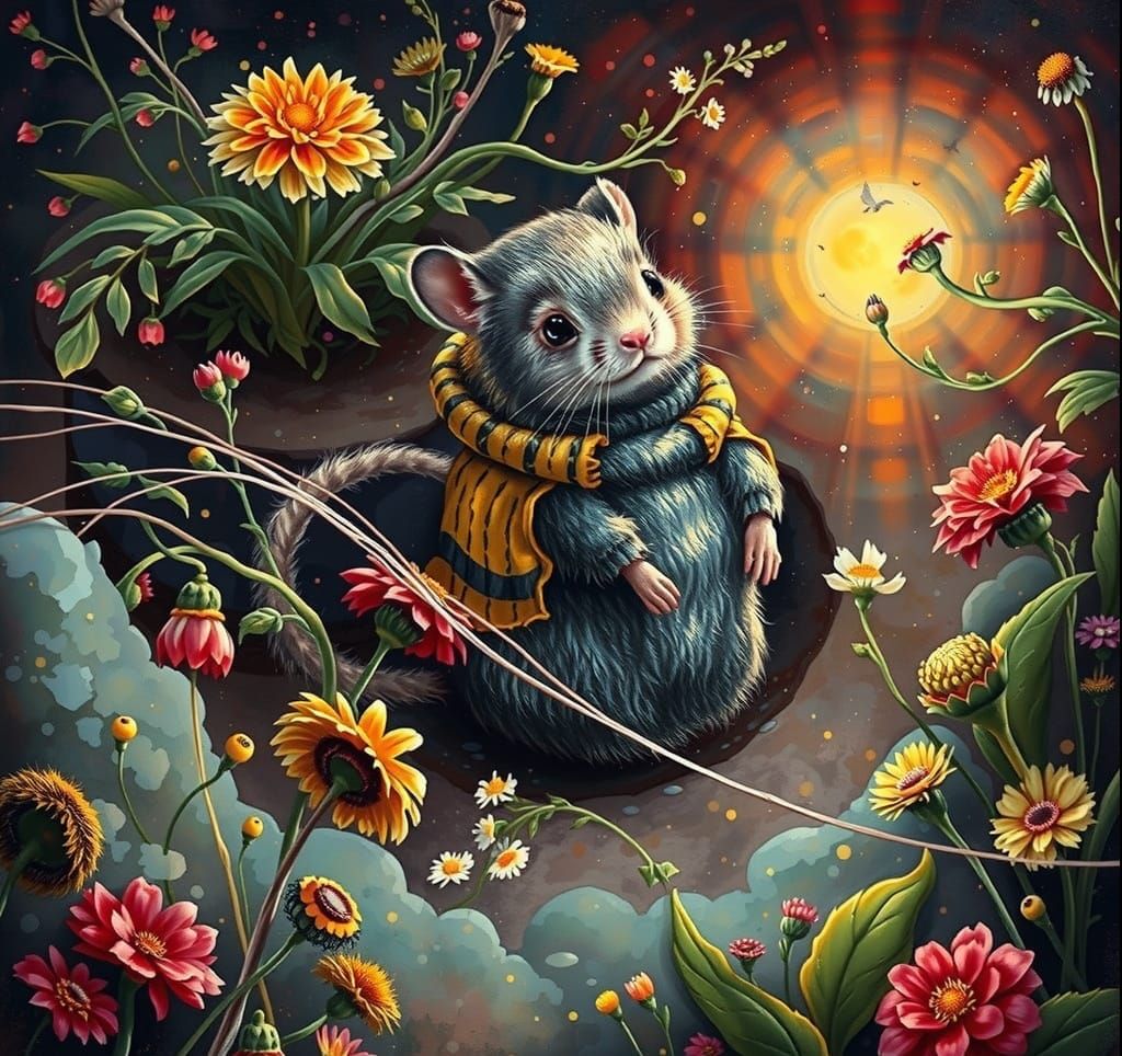 Bumblebee Mouse in Sunny Meadow, Watercolor Style - AI Art