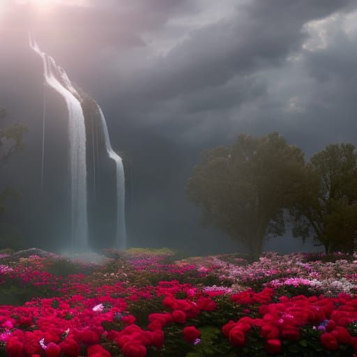 Waterfall over roses - AI Generated Artwork - NightCafe Creator