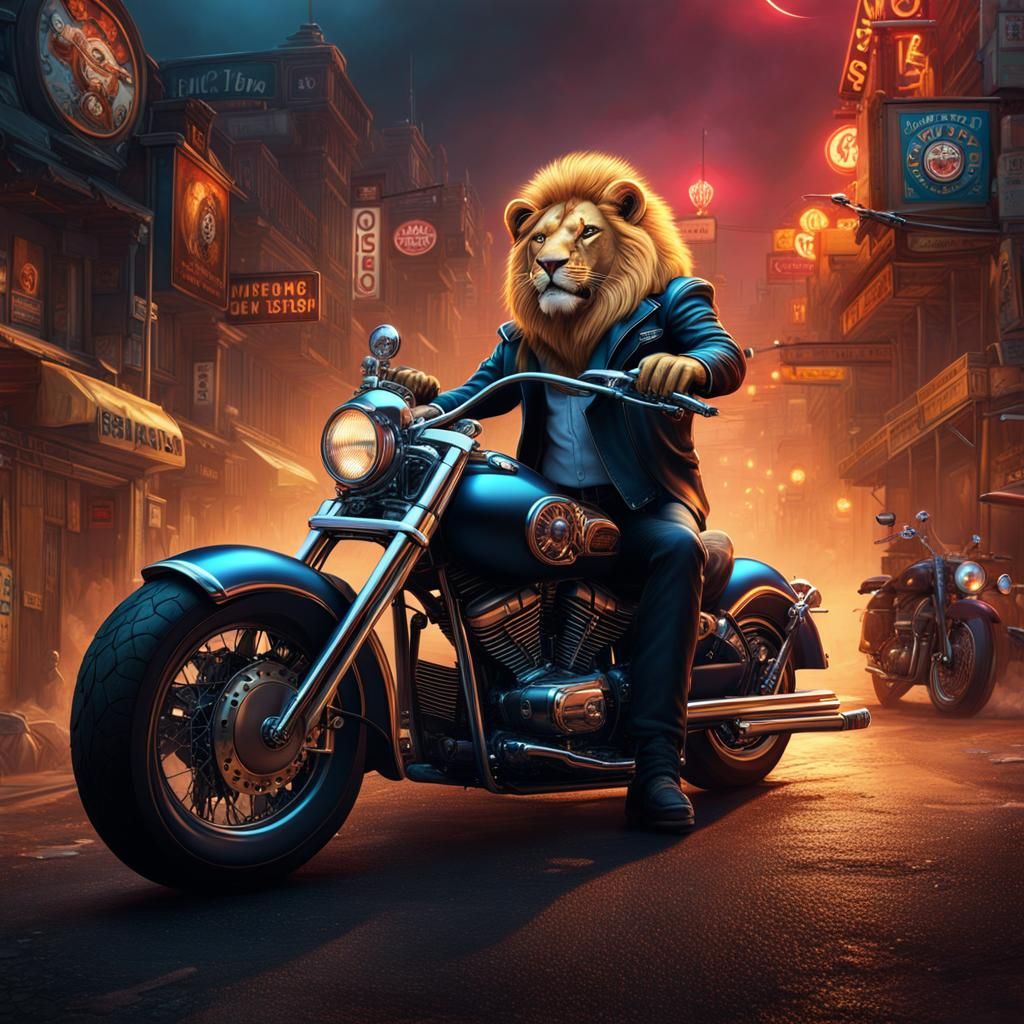 gangster lion on a motorcycle - AI Generated Artwork - NightCafe Creator