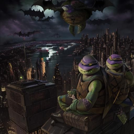 (TMNT Overlooking Gotham City With Bat Signal In The Sky and Turtle ...