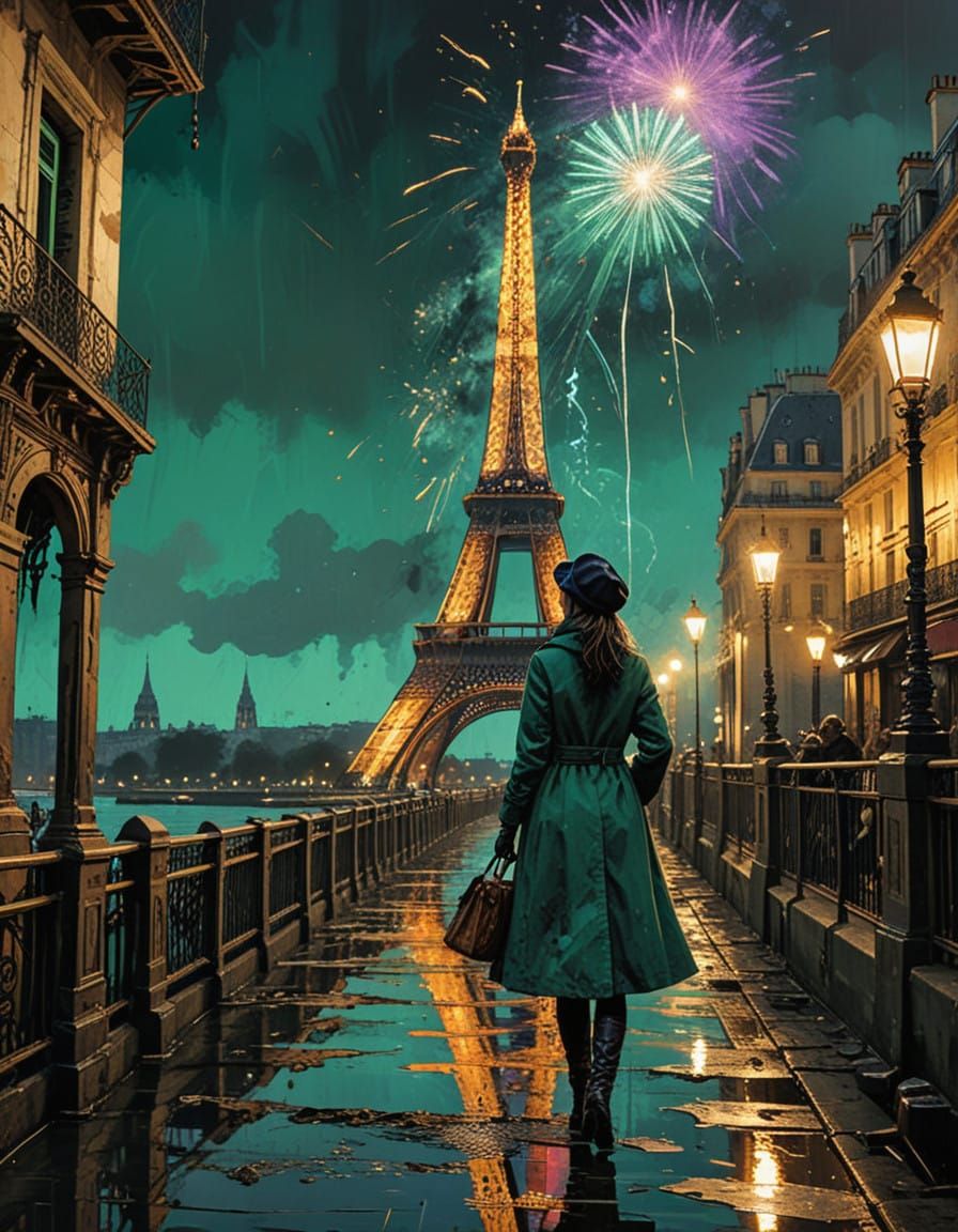 Looking at the fireworks show at the Eiffel Tower