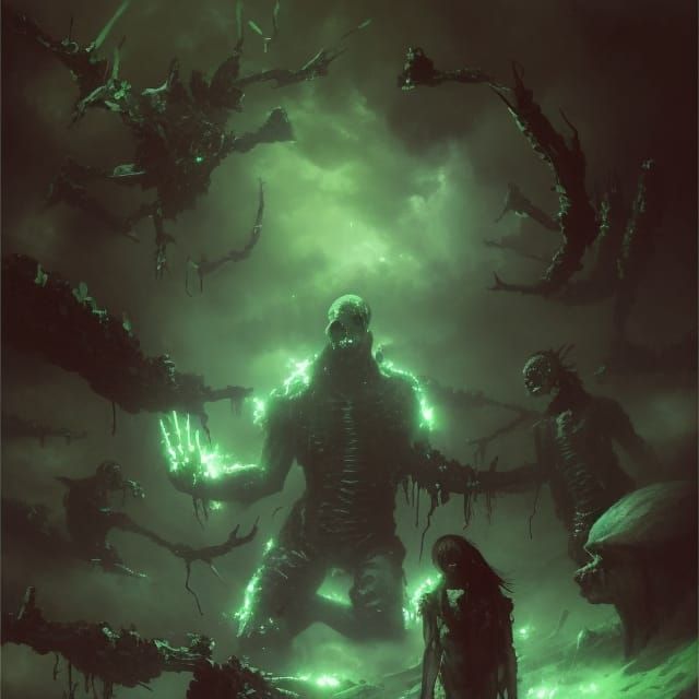 Zombies with glowing green eyes rising from their graves clouds of ...