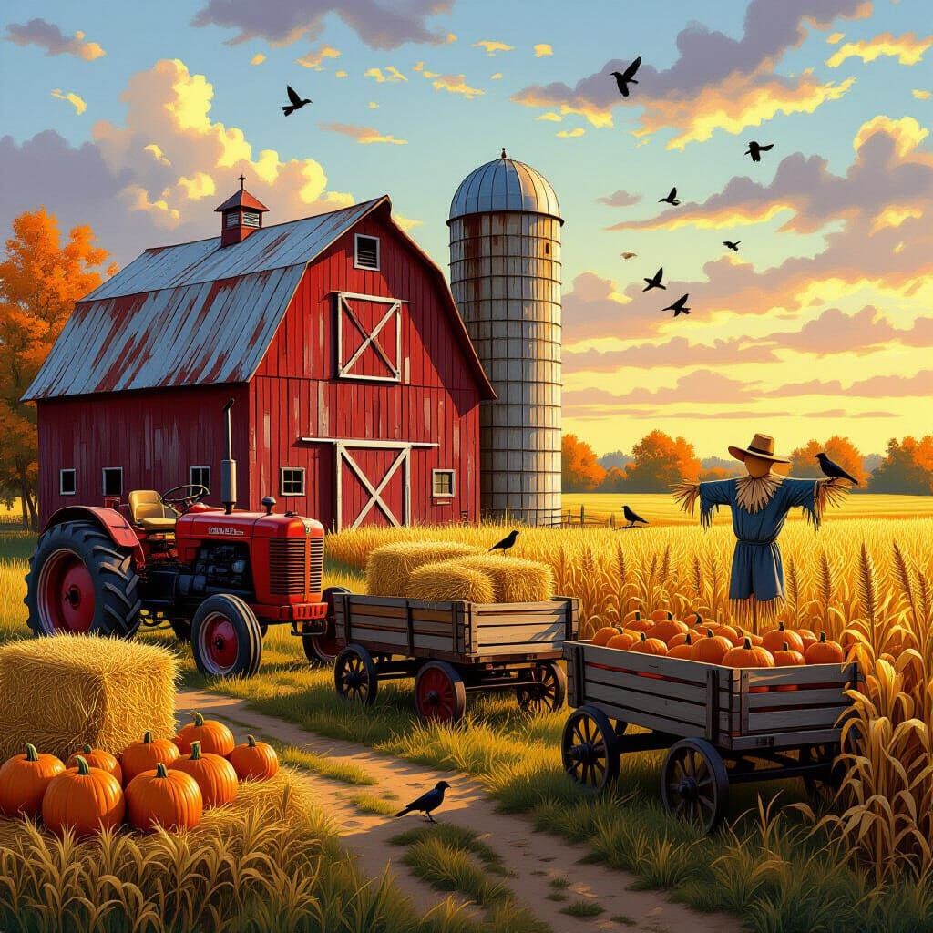 Autumn Harvest Farm Scene with Tractor and Wagons - AI Art